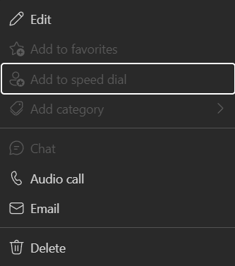 On NEW Teams, contacts have "Add to Favorites, Add to Speed Dial", etc ...