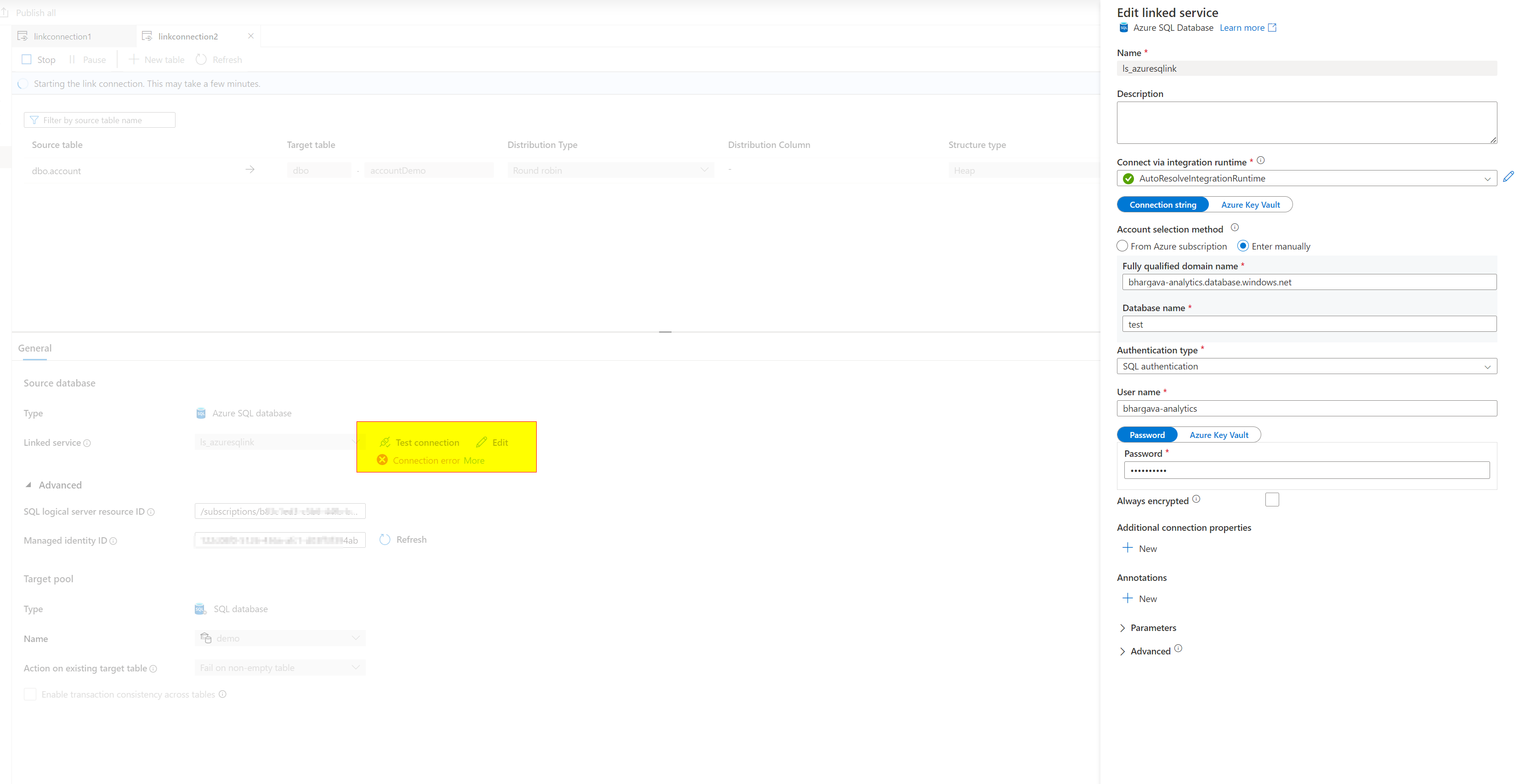 Issue With Synapse Link Connection Properly Set Services Due To Unexplained Error Message