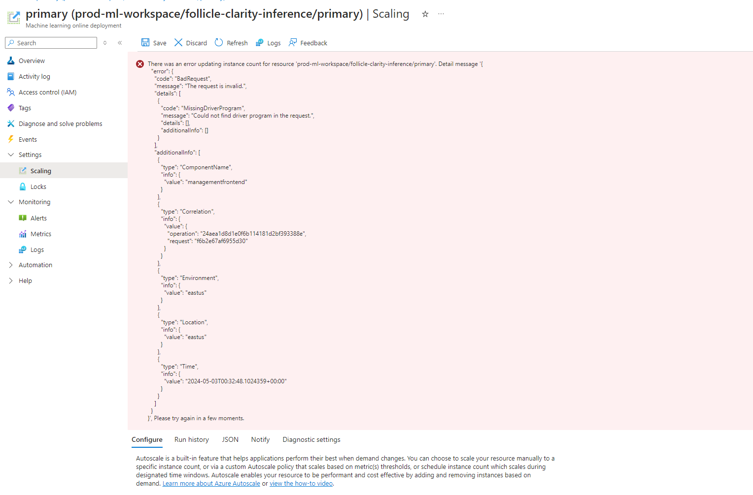 Error while scaling up the deployment - Microsoft Q&A