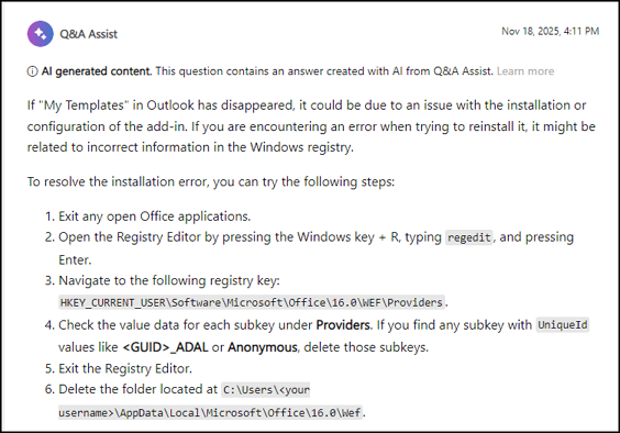 Q&A Assist - Giving garbage answers and recommending Registry edits and ...