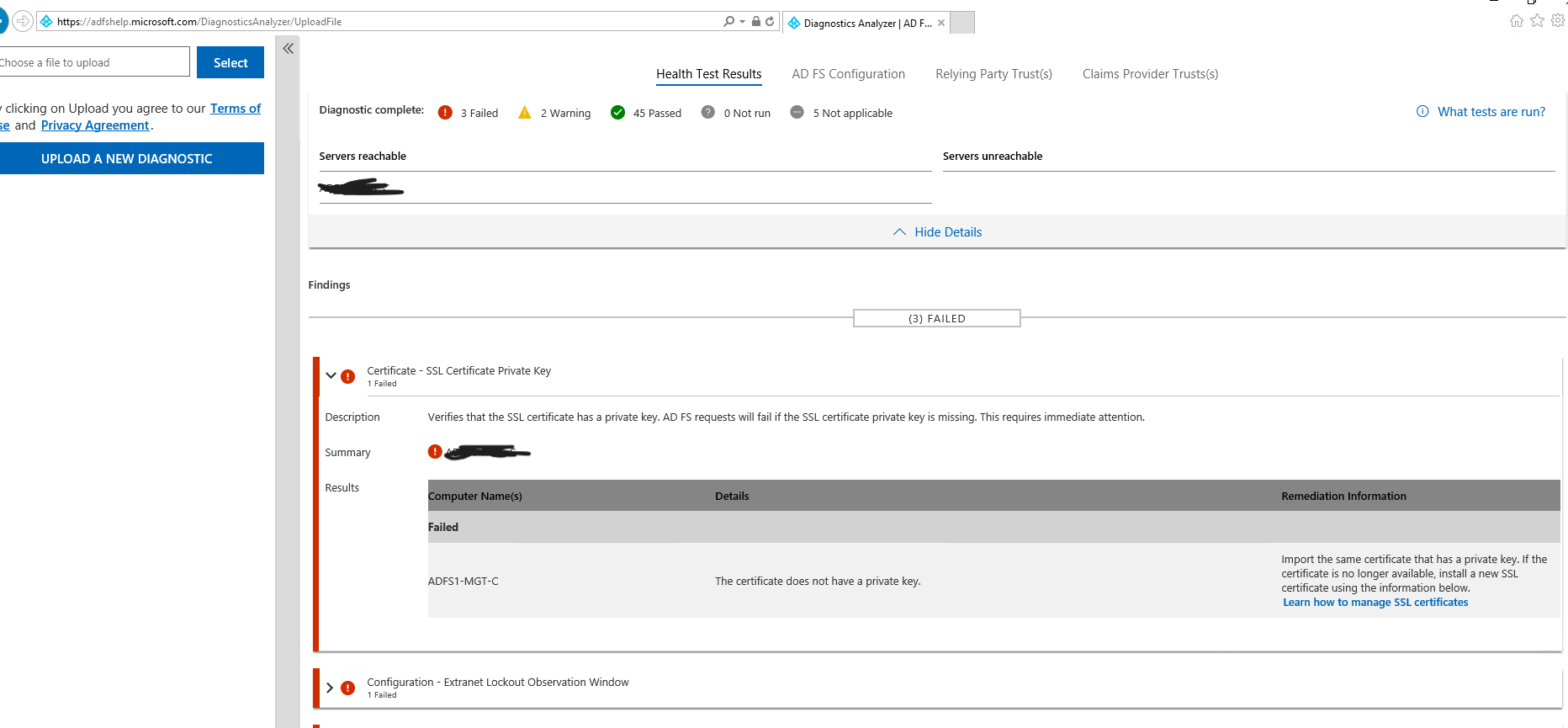 "The certificate doesn't have a private key error" in adfs diagnostic analyzer after updating ...