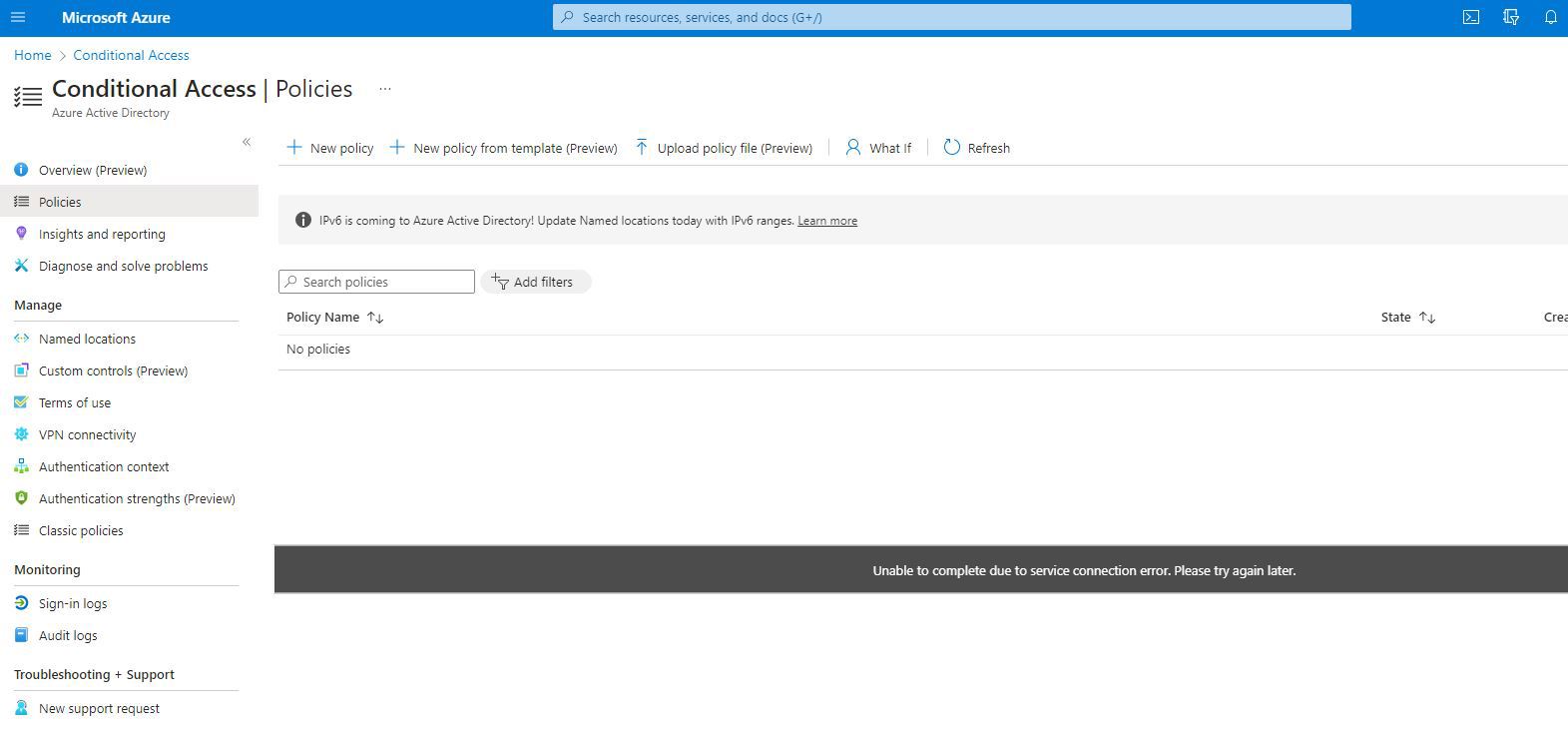 Conditional Access Unable To Complete Due To Service Connection Error Transient