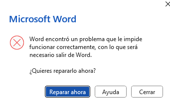 Me aparece un anuncio de ¨Word encontro un problema que le impide ...