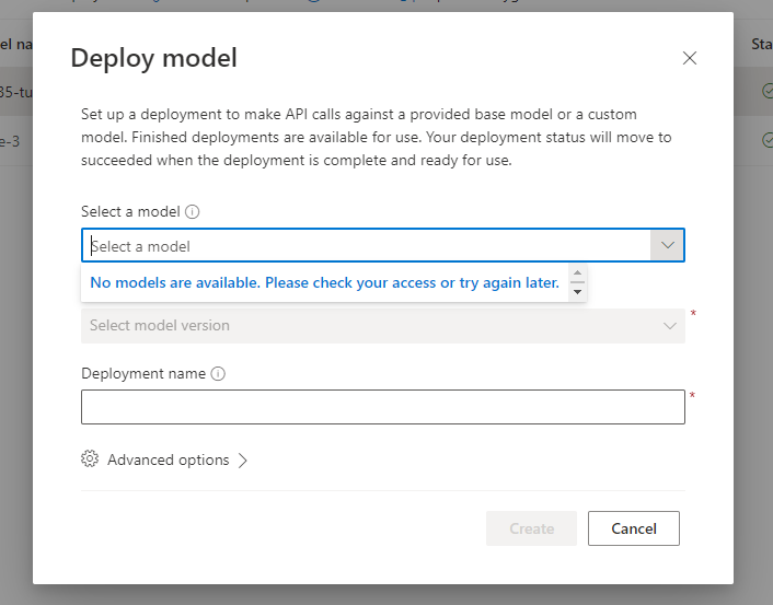 Can't deploy new OpenAI model due "No models are available. Please check your access or try ...
