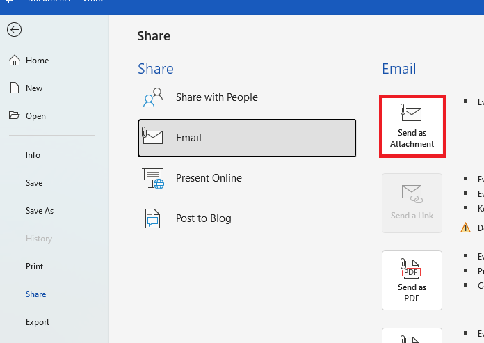 I am unable to share my word document as an attachment to another email ...