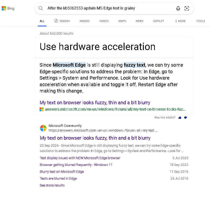 After the kb5062553 update MS Edge text is grainy - Microsoft Q&A