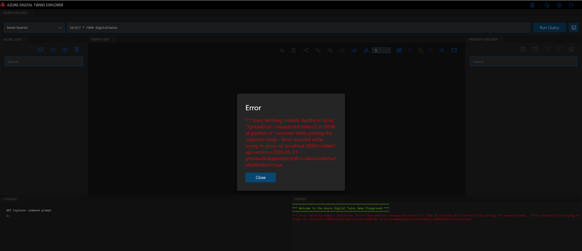 Error Loading Adt Explorer For Quickstart Tutorial Syntaxerror Unexpected Token E In Json At