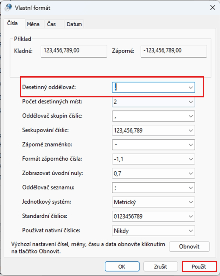 Desetinná čárka jak ji změnit na tečku? Systémově nikoli ručně ...