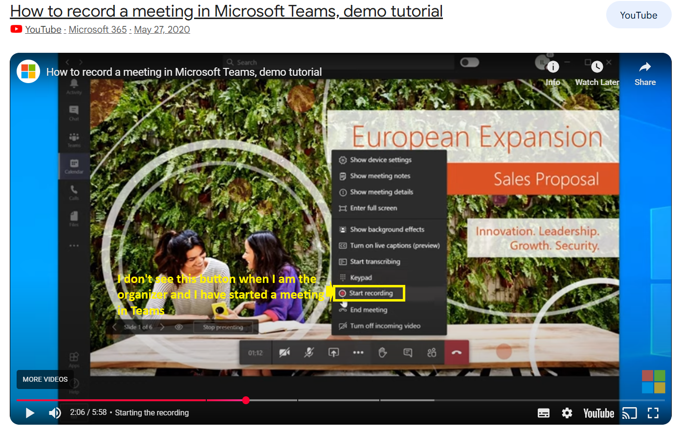 I do not have the button "record a meeting" when I start a Teams ...