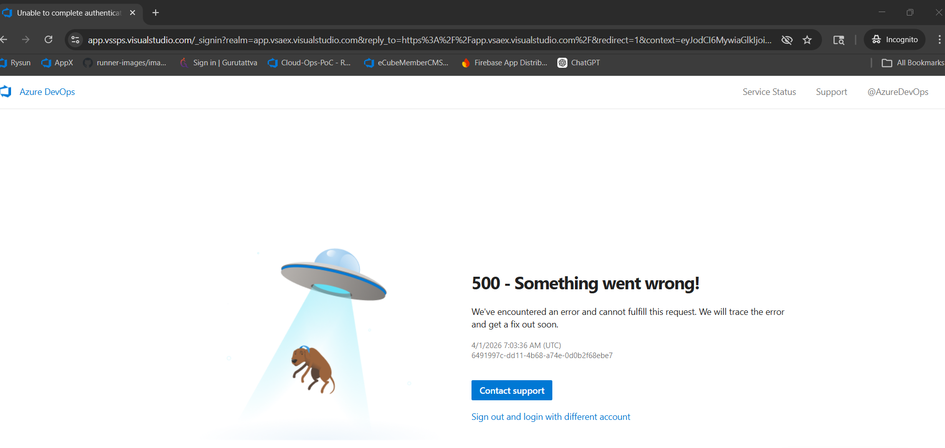 500 error trying to login to Azure Devops - Microsoft Q&A