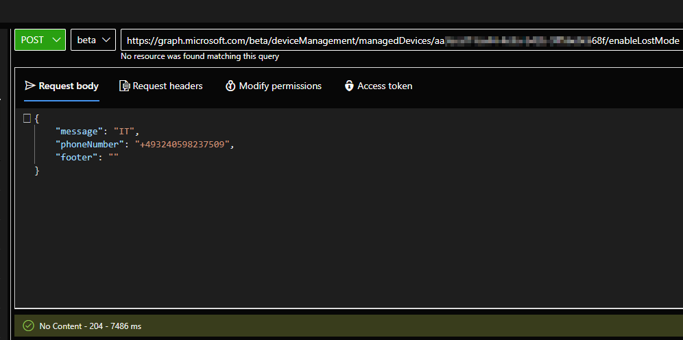 MS Graph EnableLostMode isn't working - How to enable lost mode in Powershell - Microsoft Q&A