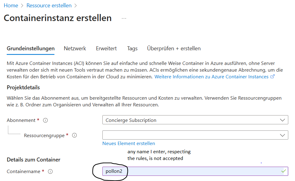 Creation of a 'container instance', the container name is never ... Creation of a 'container instance', the container name is never ...