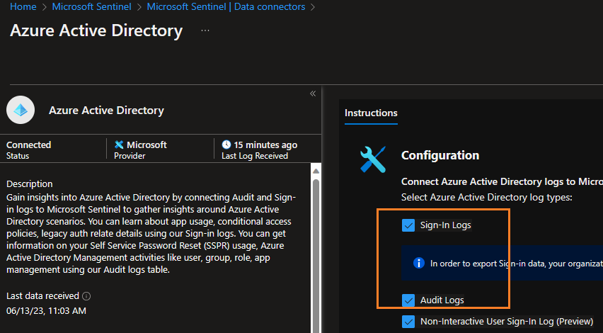 Azure Active Directory connector logs activation for Microsoft Sentinel ... Azure Active Directory connector logs activation for Microsoft Sentinel ...