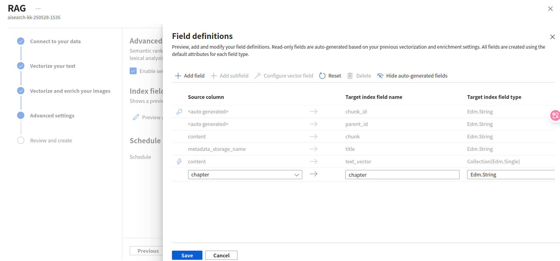 Unable to set field as filterable in AzureAISearch import and vectorize ...
