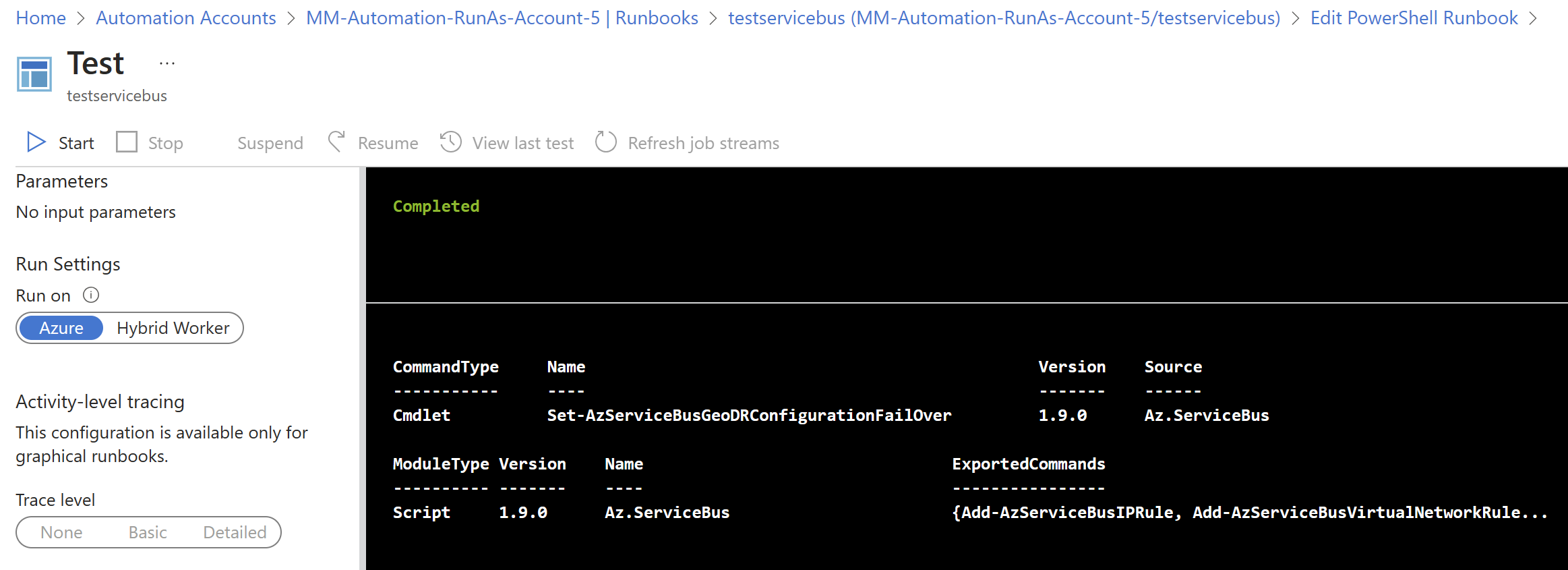 Set-AzServiceBusGeoDRConfigurationFailOver error in Azure automation ...