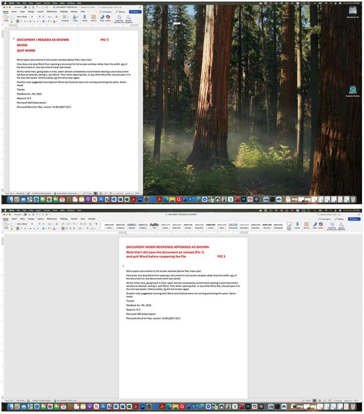 Word opens documents to full screen window (below Mac menu bar ...
