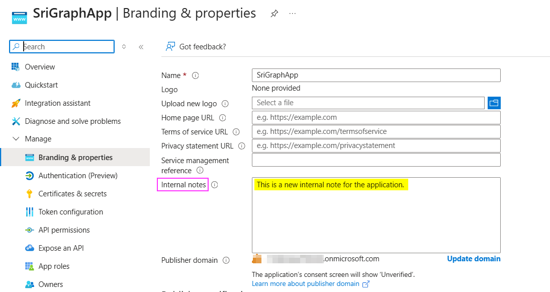 How to Update the Internal Notes section in EntraID App Registartion ...