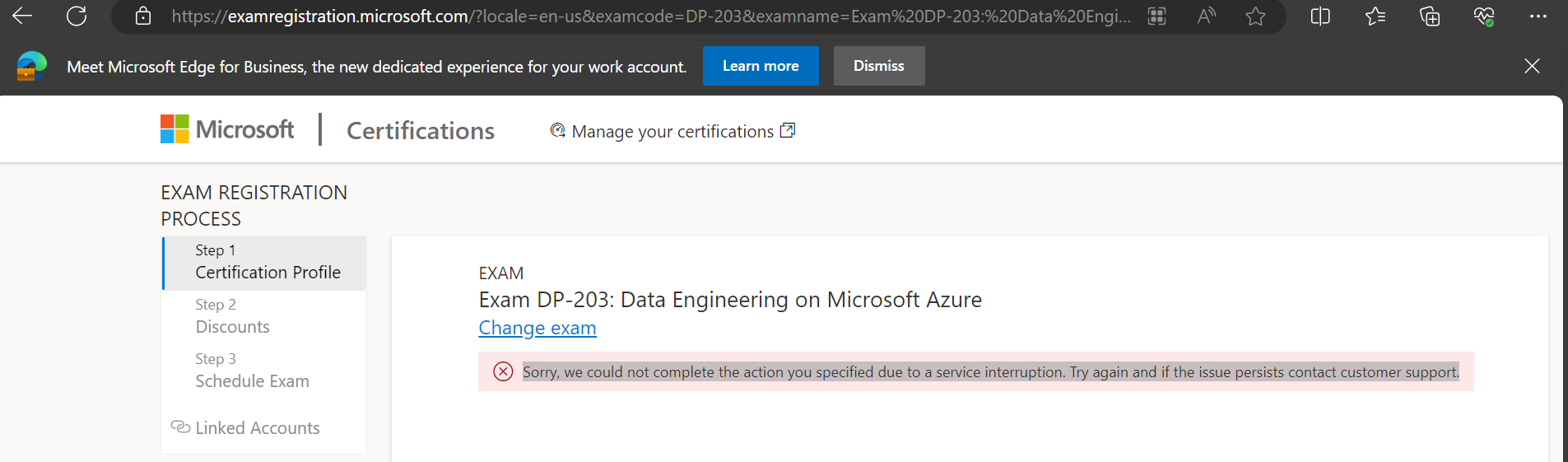 Getting an error when trying to schedule certification exam for DP ...
