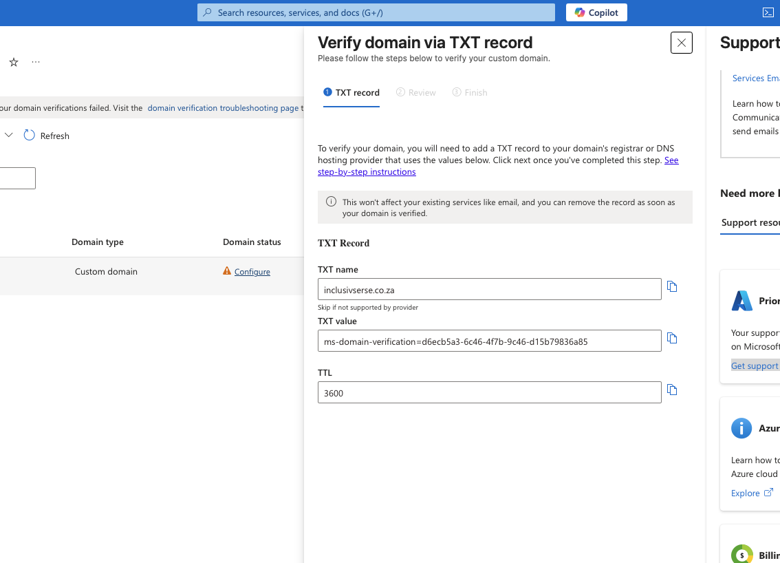 Good day, I am setting up ACS, my domain is with go daddy, it keeps ...