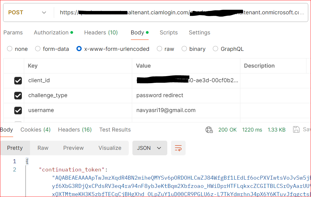 How to get continuation_token on the first step from Native authentication API reference ...