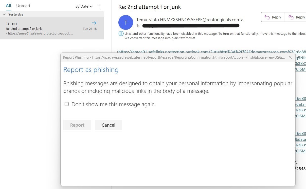 Outlook preventing me from reporting phishing - Microsoft Q&A