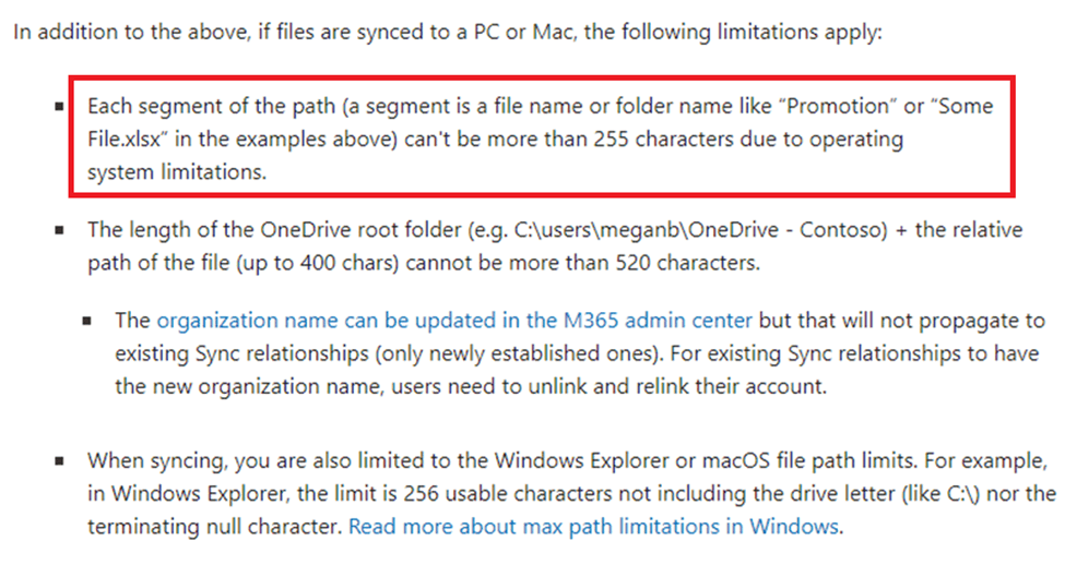 OneDrive shows "We can't sync this item because the path is too long ...