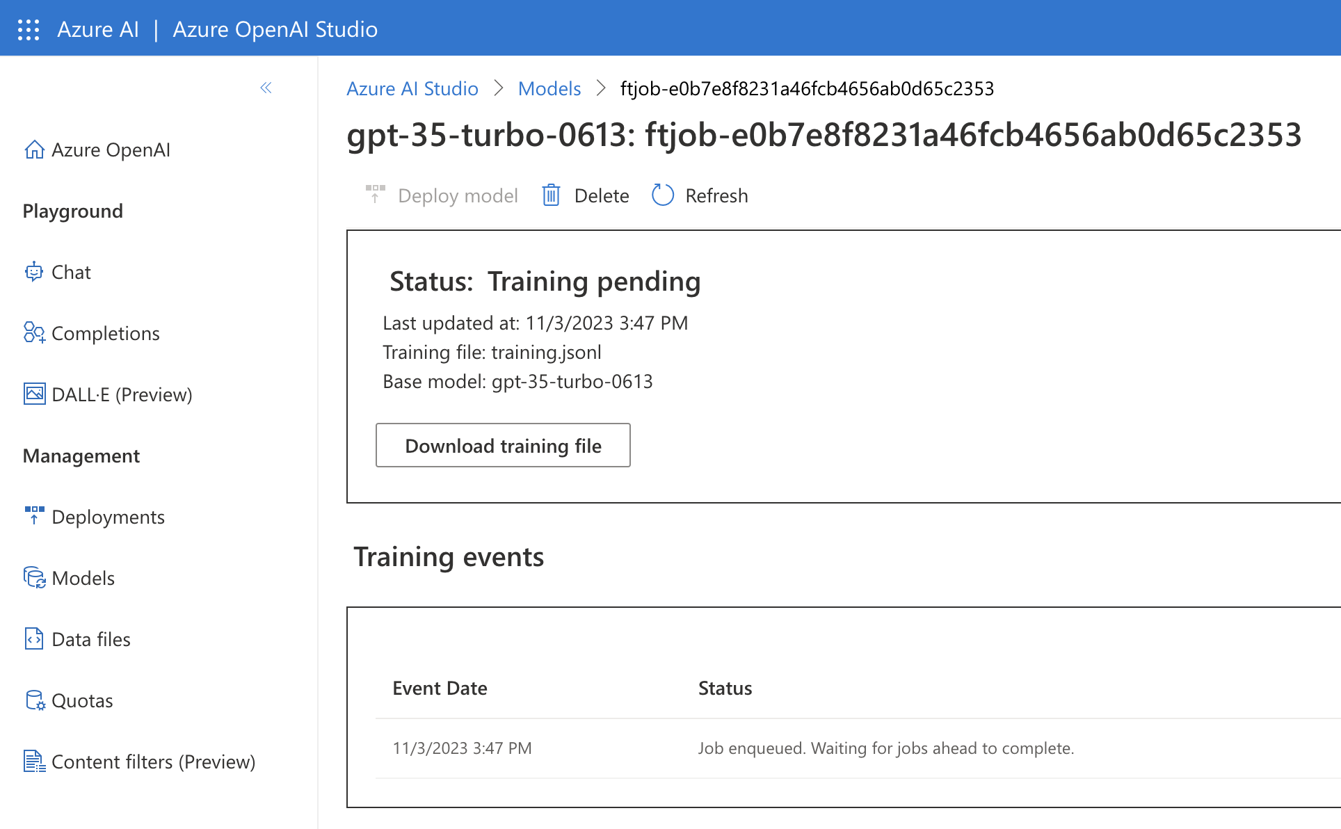 gpt-35-turbo-0613 fine tuning training failed - Microsoft Q&A
