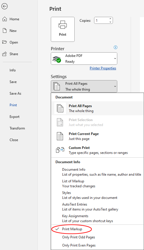 How do i print a markup document in word 365 premium. - Microsoft Q&A