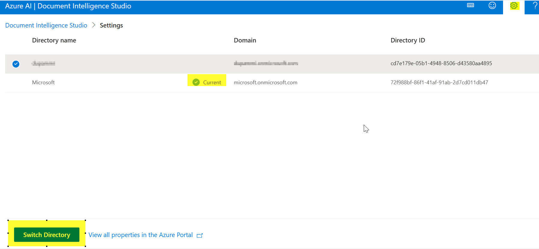 Unable to switch directory in Document Intelligence Studio - Microsoft Q&A