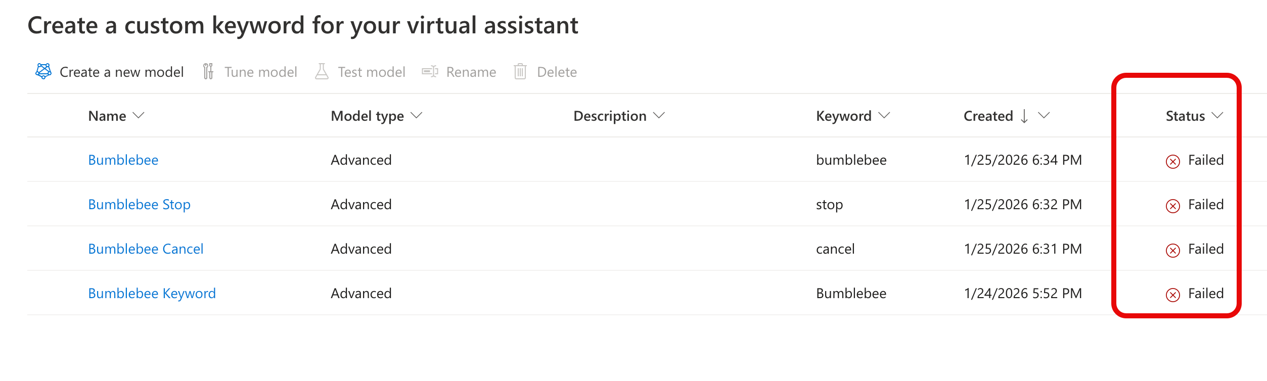 Speech service keyword models are failing to train after processing for ...