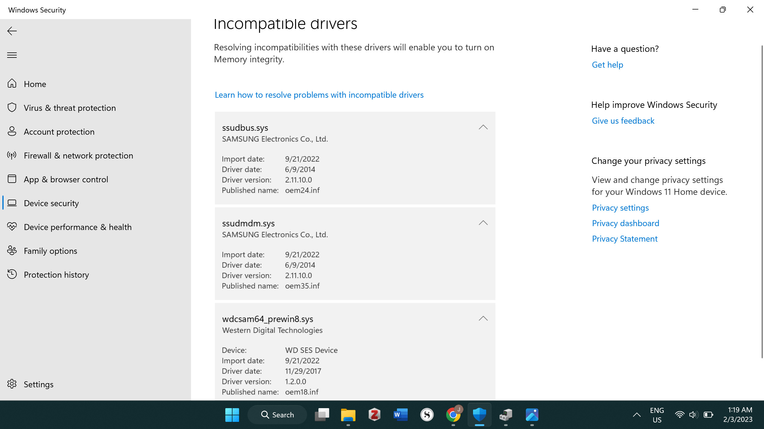 Memory integrity turned off due to incompatible drivers - Microsoft Q&A