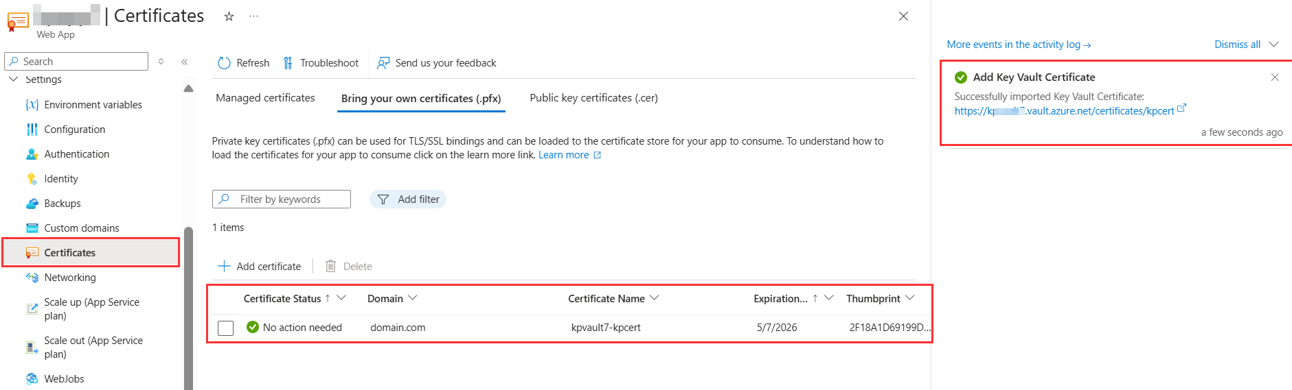 Unable to import .PFX certificate from Azure Key Vault into Azure App Service when using RBAC ...