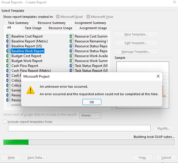 MS Project 2016" An unknown Error has occured." message while exporting ...
