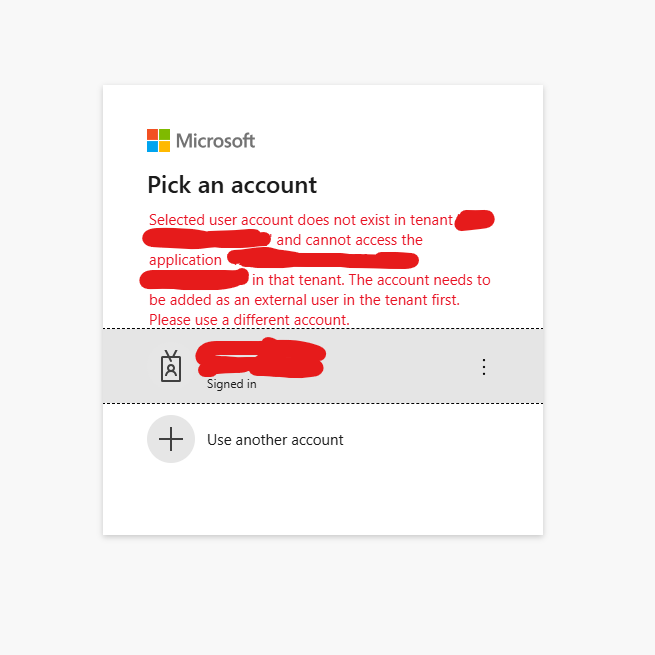 Selected user account does not exist in tenant and cannot access the ...
