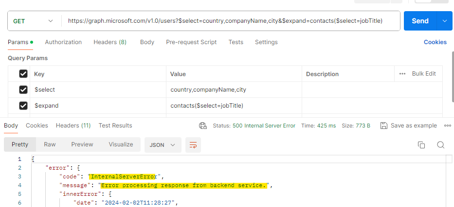 Facing Internalservererror While Using User Api Of Graph Message In Response Is Error