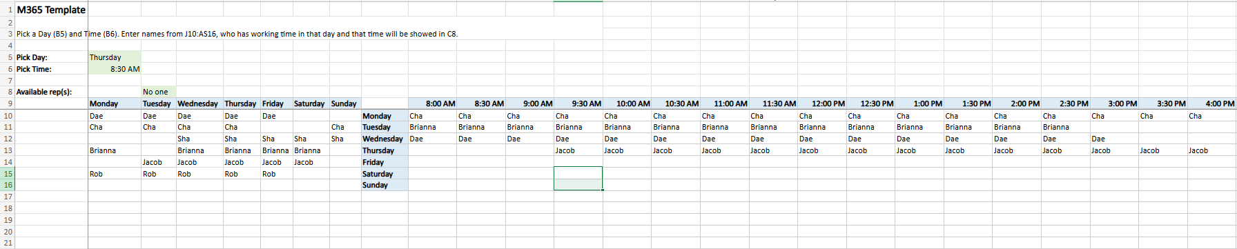 Excel Spreadsheet to produce a list of names based on day of week, hour ...