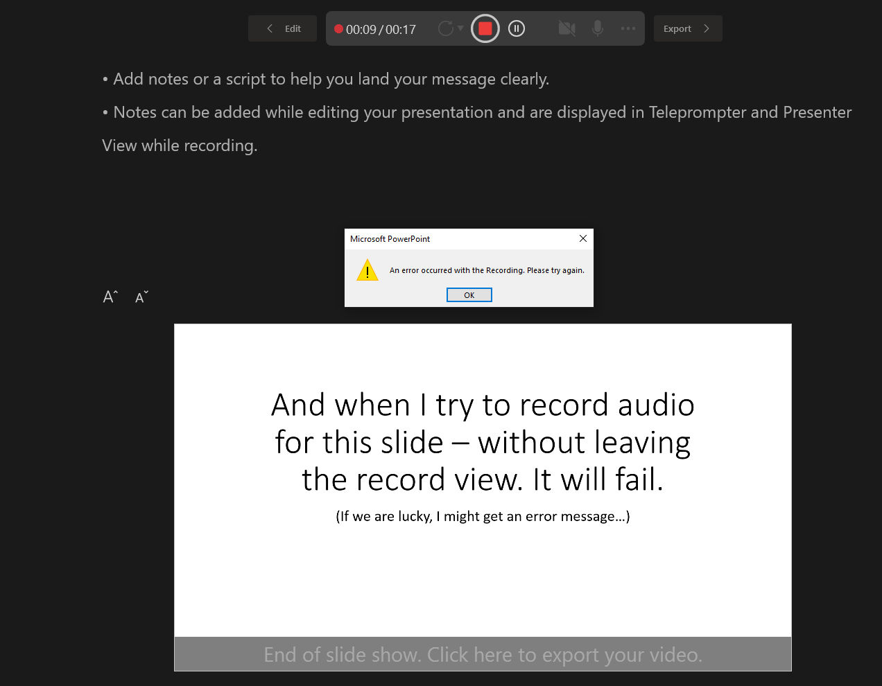 New PowerPoint Record Will Not Resume Recording Audio After the Stop ...