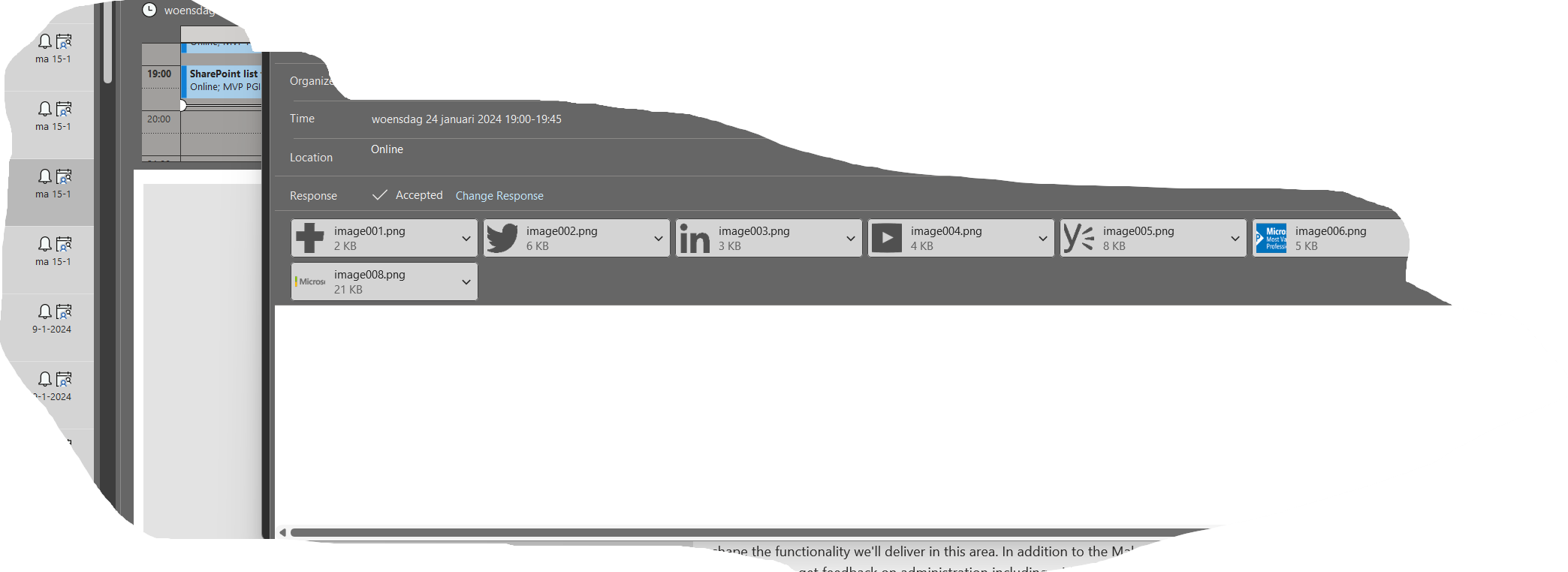 Outlook calendar is showing picture attachments instead of showing a ...