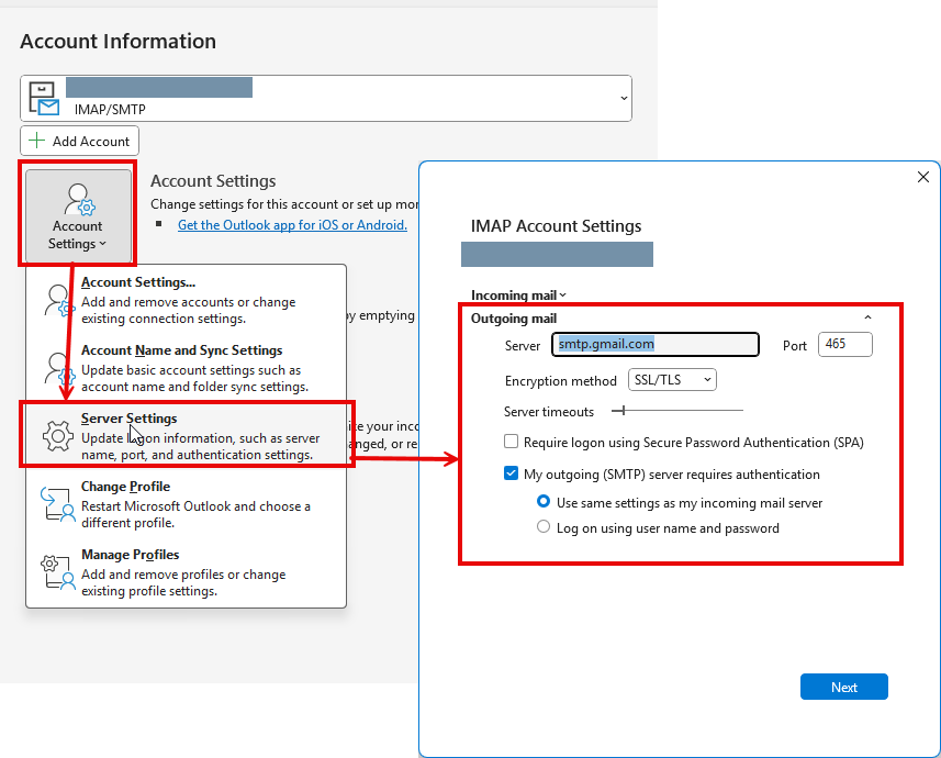 How do I setup Outgoing (SMTP) server settings to use same settings as ...