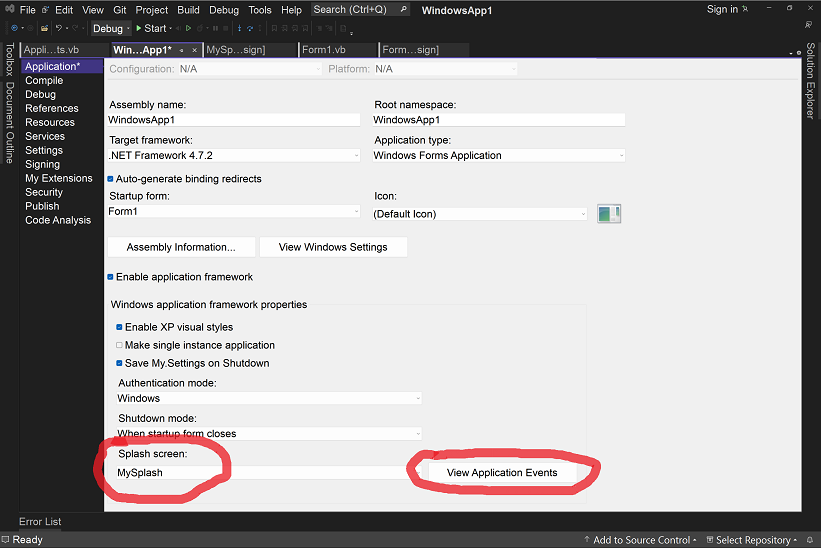NO 'Splash Screen' option in APPLICATION FRAMEWORK