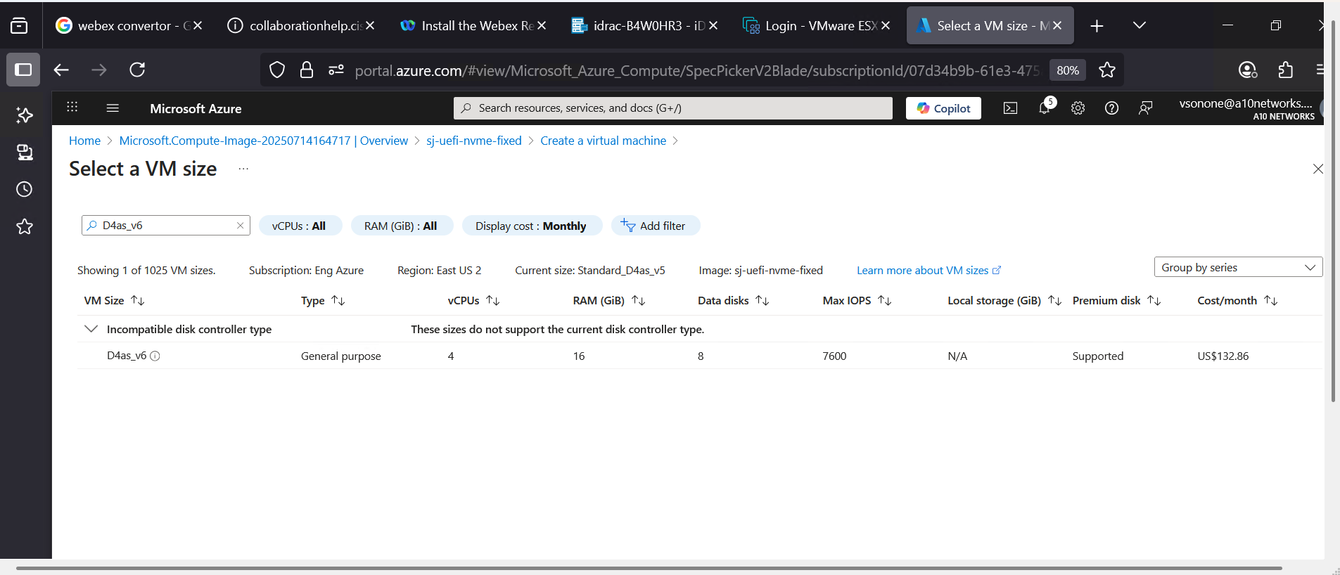 I am trying a Gen 2 VM using my RHEL based image with Dasv6 flavor, but ...