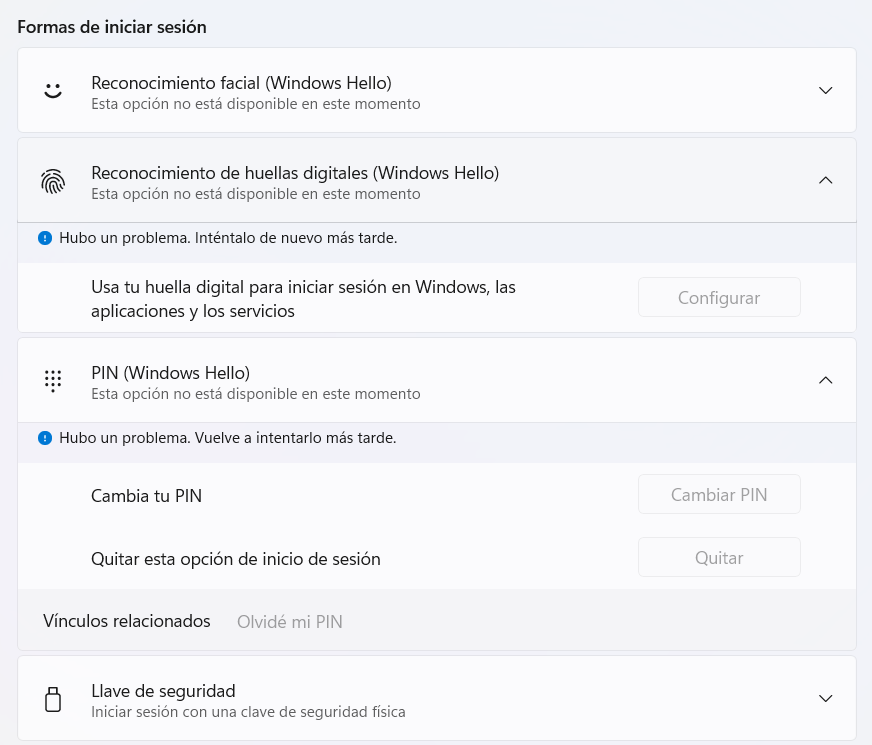 ¿Como puedo definir por primera vez un PIN en windows 11 si windows hello me aparece no ...