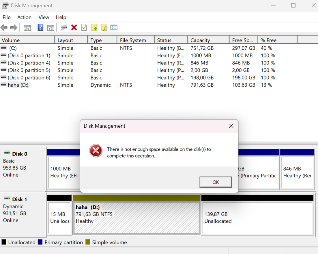 Can't extend or create a new partition, "There is not enough space ...