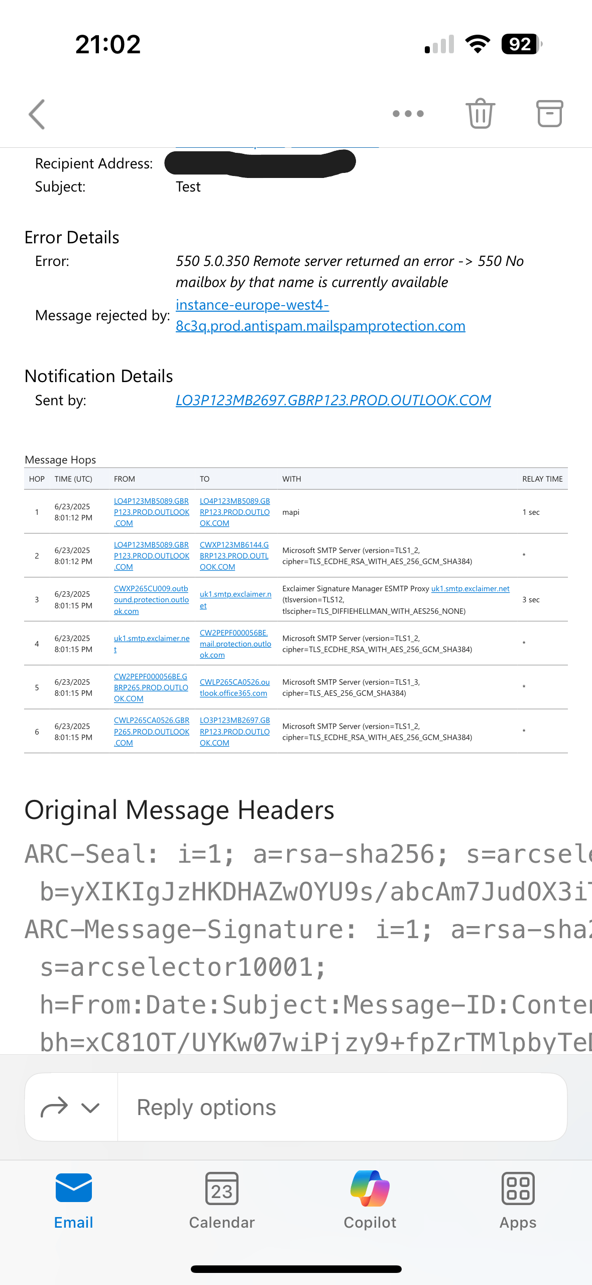 Remote server returned an error -> 550 No mailbox by that name is currently available ...