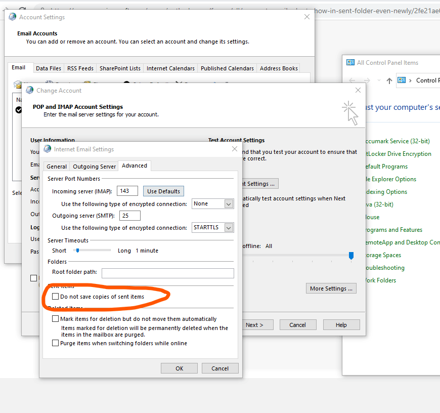 My sent emails don't show in "sent" folder (even newly sent...not old ...