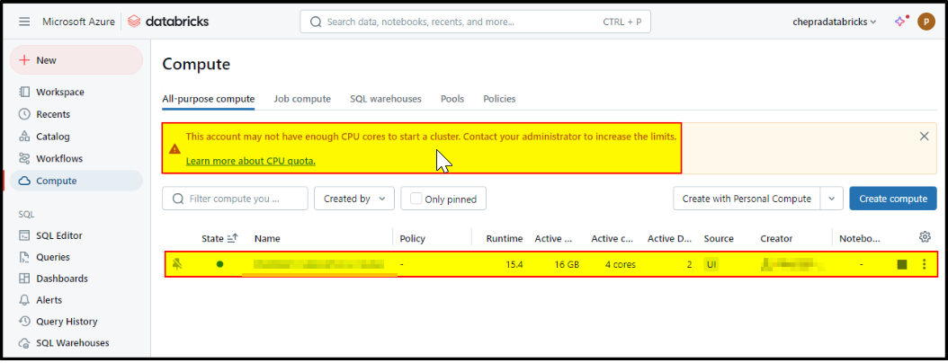 Cannot Create Databricks Cluster - No CPU Cores in my Account - Microsoft Q&A