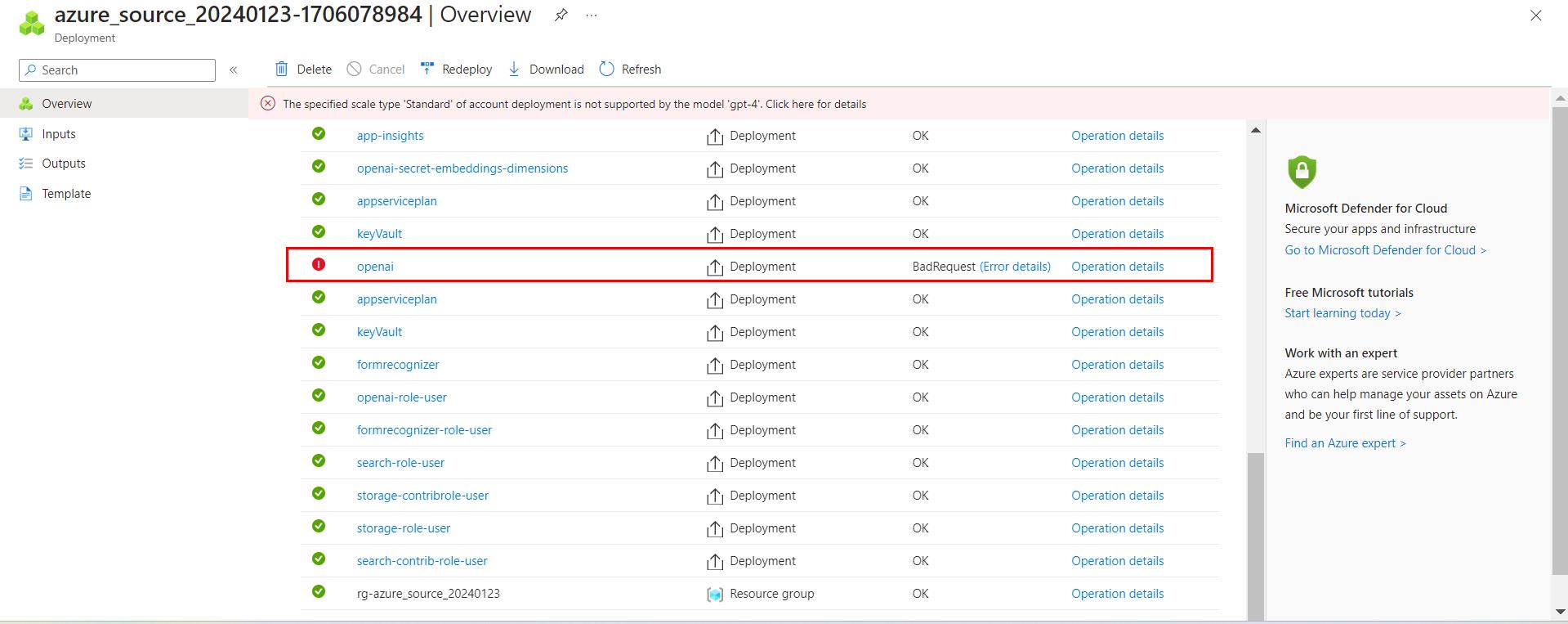 The specified scale type 'Standard' of account deployment is not supported by the model 'gpt-4 ...