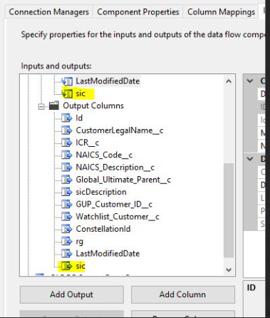 How do you refresh the unmapped input columns in SSIS? The field exists in both the input and ...