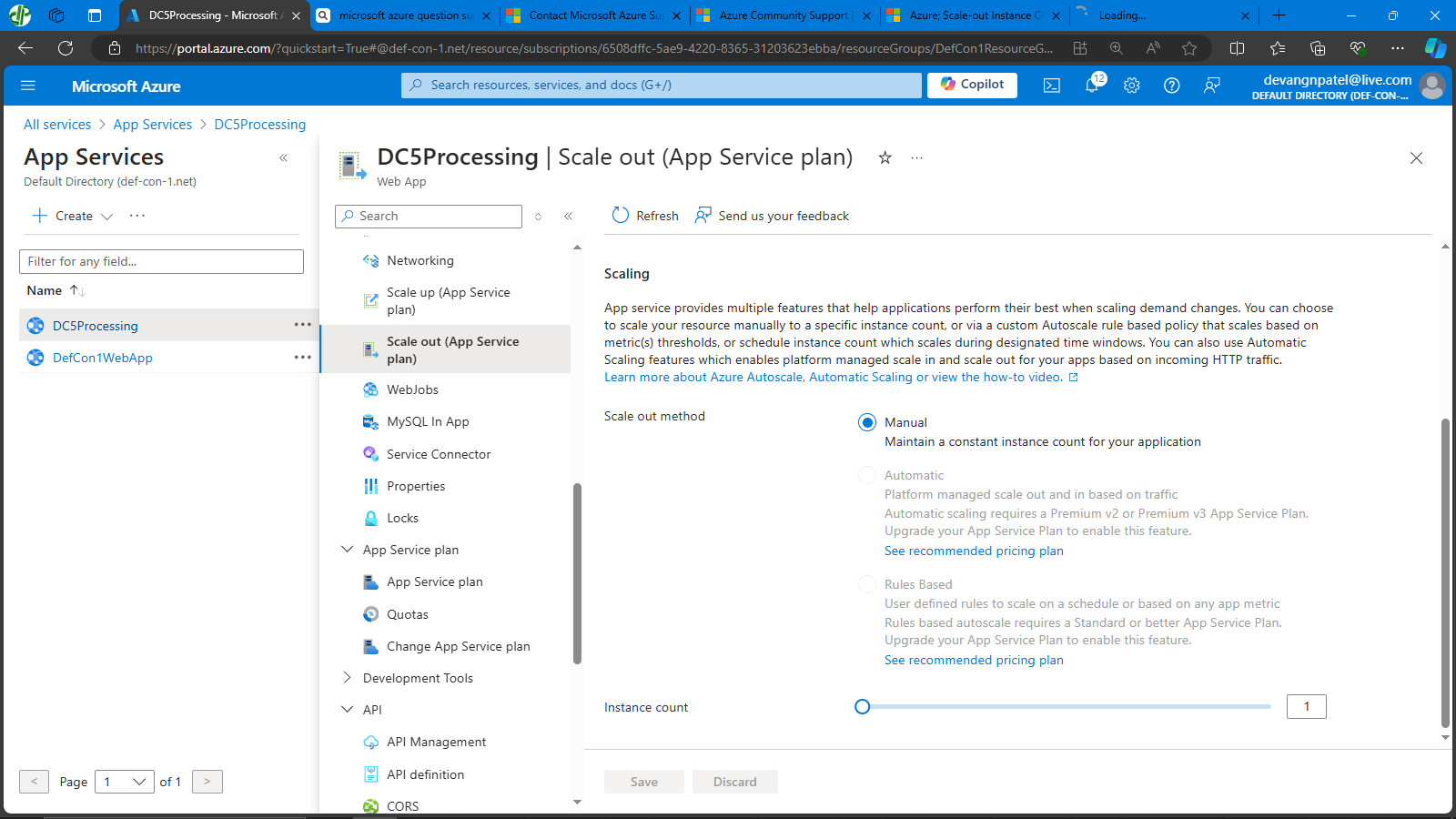Azure; Scale-out Instance Count is grayed out. I cannot change the Instance Count for an ...
