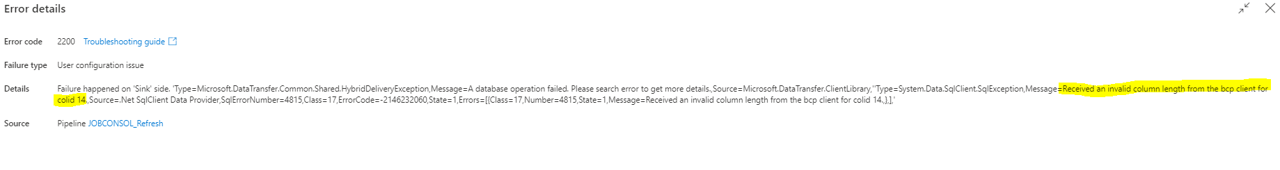 Csv Data File Load Errot For A Sql Server In Data Factory Pipeline Microsoft Qanda